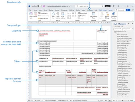 how to add fields to a word report layout business central