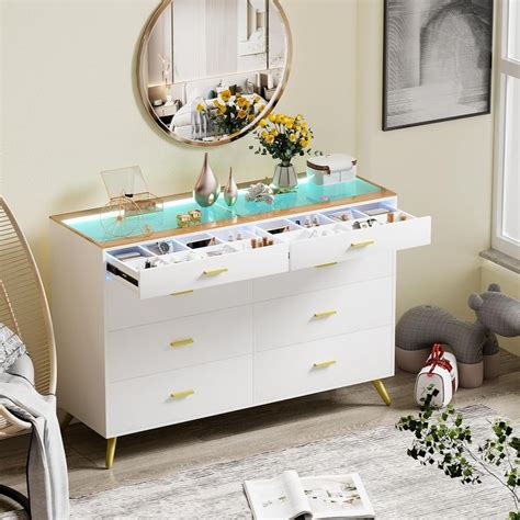 Pakasept White Dresser With Led Lights For Bedroom8 Drawer Dressers With Tempered Glass Top