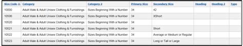 Example 2 Size Codes For Adult Male And Unisex Clothing