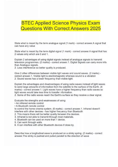 Btec Applied Science Physics Exam Questions With Correct Answers 2025 Btec Applied Science