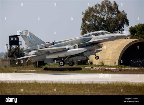 A Hellenic Air Force F 16d Block 52 With A Db 110 Reconnaissance Pod Landing In Front Of The