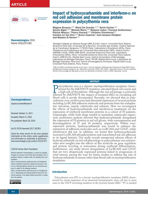 Pdf Impact Of Hydroxycarbamide And Interferon α On Red Cell Adhesion And Membrane Protein