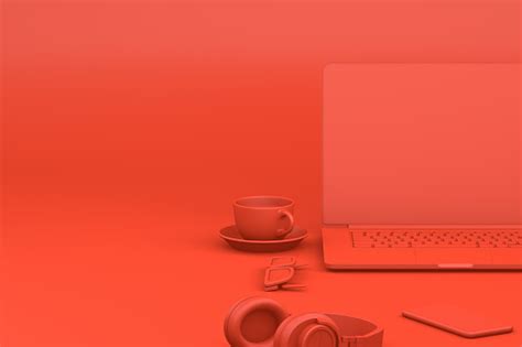 Office Desktop With Laptop Red Background Technology Concept Stock
