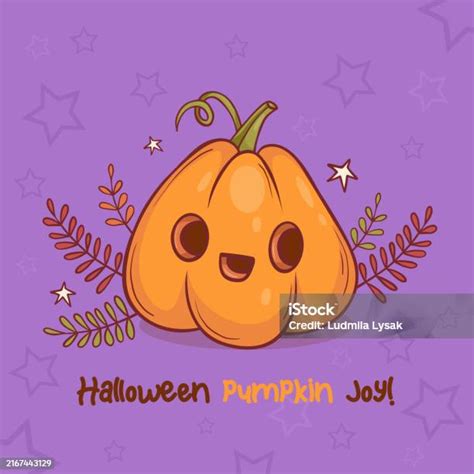 할로윈 카드 오렌지 귀여운 호박 잭 O 랜턴 와 단풍 와 보라색 배경 와 슬로건 와 벡터 일러스트 레이 션 10월에 대한 스톡 벡터 아트 및 기타 이미지 Istock