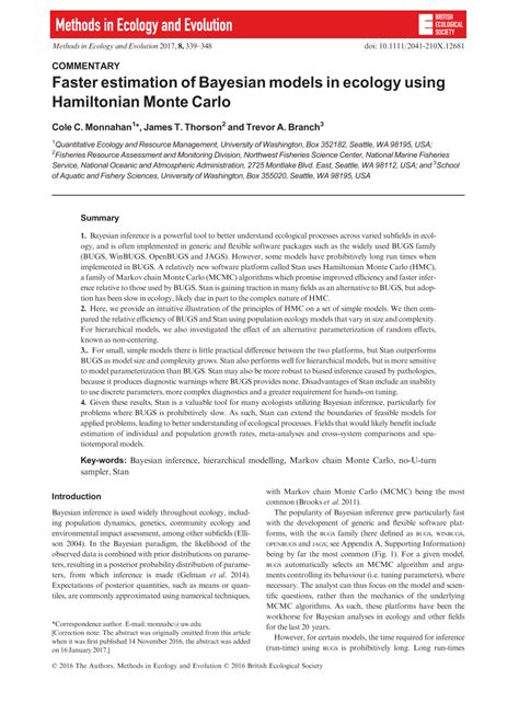 PDF Faster Estimation Of Bayesian Models In Ecology Using Hamiltonian Monte Carlo