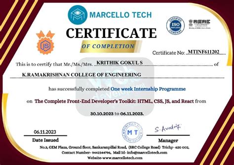 Krithik Gokul S On Linkedin Ive Finished My Internship At Marcello Tech In Trichy Where I