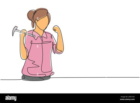 Single Continuous Line Drawing Female Carpenter With Celebrate Gesture