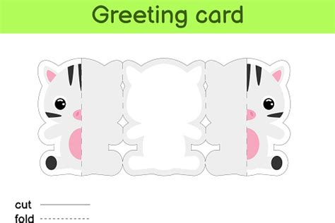 귀여운 얼룩말 접이식 인사말 카드 템플릿 생일 베이비 샤워 테마 파티에 적합합니다 인쇄 가능한 색상 구성표입니다 인쇄 잘라내기 접기 접착제 다채로운 벡터 스톡 일러스트레이션