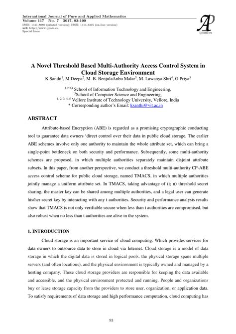 Pdf A Novel Threshold Based Multi Authority Access Control System In Cloud Storage Environment