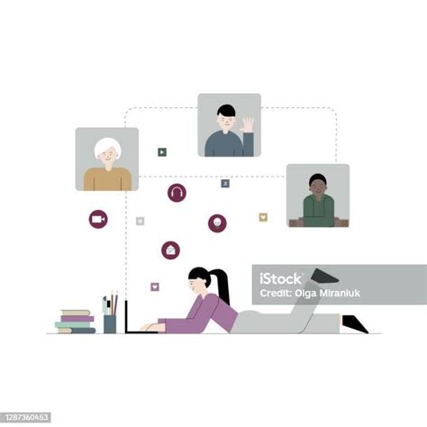 E러닝 온라인 교육 개념의 벡터 플랫 일러스트레이션 학생 소녀는 바닥에 누워 노트북으로 배우고있다 온라인 커뮤니케이션 및 소셜 미디어 Brand Name Online