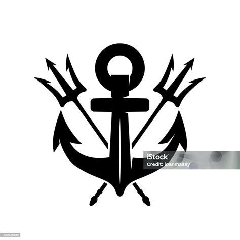 교차된 삼지창이 있는 바다 닻의 그림 기호 엠블럼에 대 한 디자인 요소 벡터 그림 개념에 대한 스톡 벡터 아트 및 기타 이미지