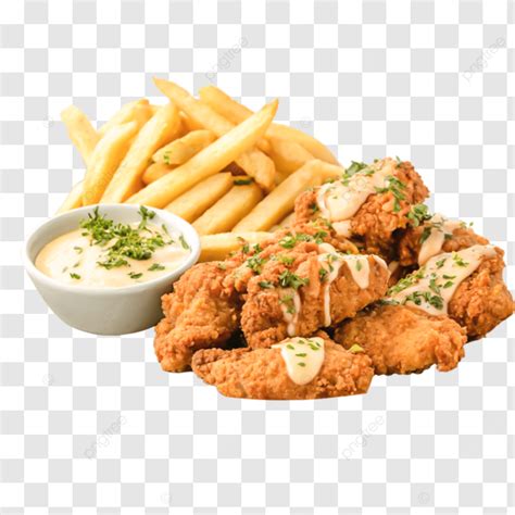 감자 튀김과 크림 소스를 곁들인 바삭한 프라이드 치킨 바삭한 치킨 감자튀김을 곁들인 후라이드 치킨 닭고기와 감자 튀김 Png 일러스트 및 이미지 에 대한 무료 다운로드