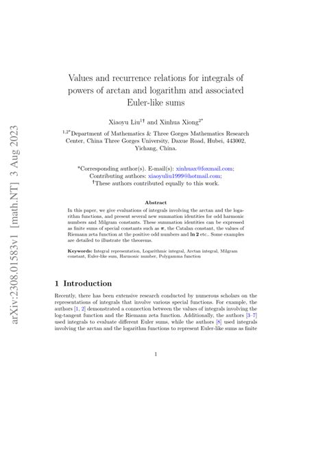 Pdf Values And Recurrence Relations For Integrals Of Powers Of Arctan And Logarithm And
