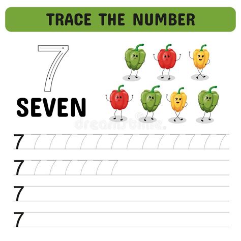 Number 7 Tracing Worksheet With Bell Peppers Stock Vector