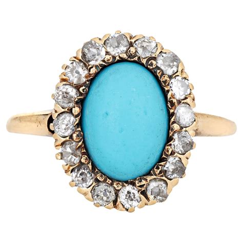 Antique Victorian Ring Turquoise Mine Diamond Cluster 14k Yellow Gold
