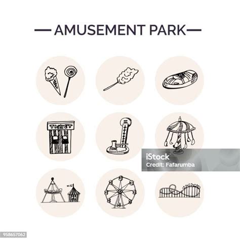 놀이 공원 손으로 그린 낙서 집합입니다 스케치입니다 디자인 및 패키지 제품에 대 한 벡터 일러스트입니다 기호 컬렉션입니다 흰색 바탕에 절연된 요소 관람차에 대한 스톡 벡터