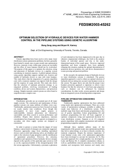 Pdf Optimum Selection Of Hydraulic Devices For Water Hammer Control In The Pipeline Systems