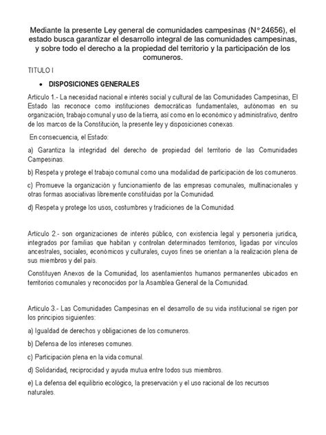 Ley 24656 Ley General De Comunidades Campesinas 100486 Pdf