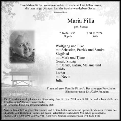 Traueranzeigen Von Maria Filla Wirtrauern