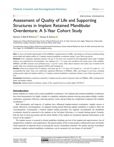 Pdf Assessment Of Quality Of Life And Supporting Structures In Implant Retained Mandibular