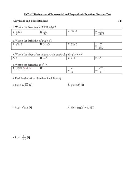 Mcv4u Derivatives Of Exponential And Logarithmic Functions Practice