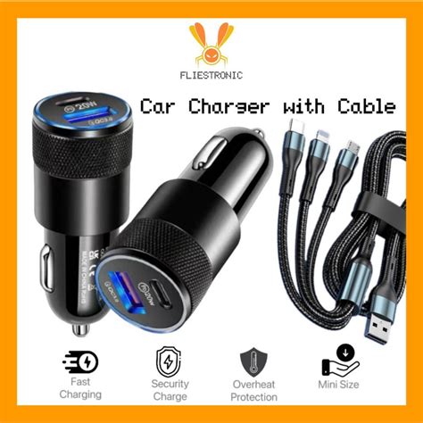 Jual Cod Fliestronic Car Charger Full Set Kabel 3 In 1 Colokan Cahrger Mobil Pengisi Daya 2