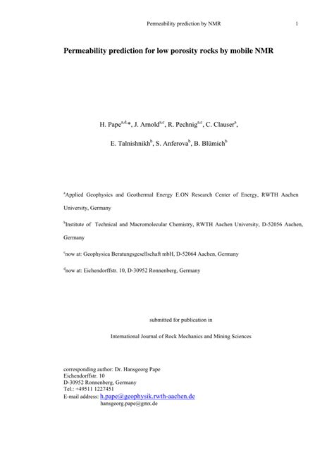 Pdf Permeability Prediction For Low Porosity Rocks By Mobile Nmr
