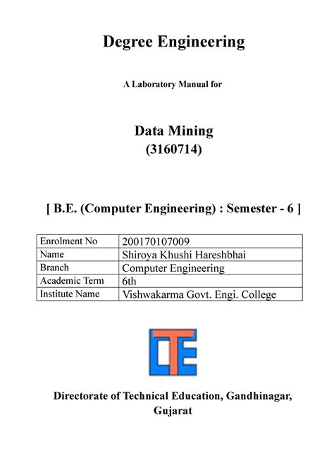 Lab Manual Data Mining Degree Engineering A Laboratory Manual For Data Mining 3160714 B