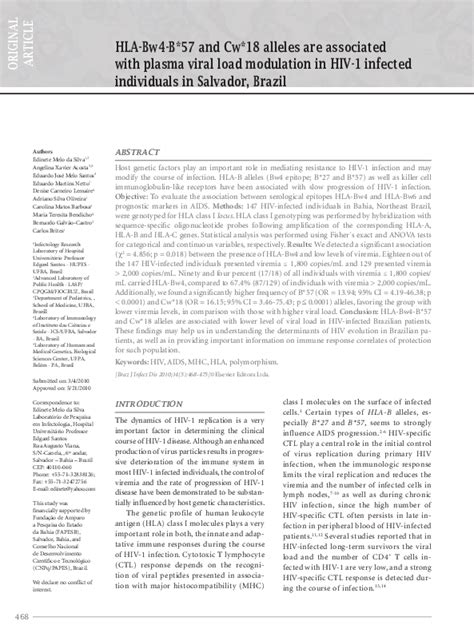 Pdf Hla Bw4 B 57 And Cw 18 Alleles Are Associated With Plasma Viral Load Modulation In Hiv 1