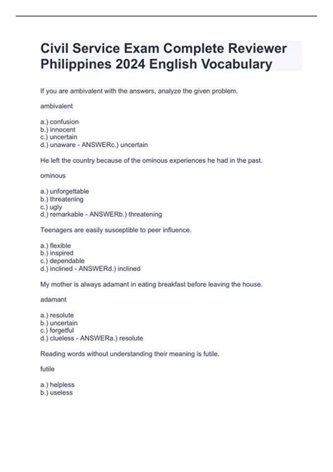 Civil Service Exam Complete Reviewer Philippines 2024 English Vocabulary All The Answers 2024