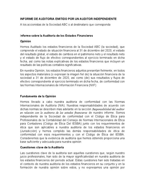 Informe De Auditoria Pdf Auditoría Estado Financiero