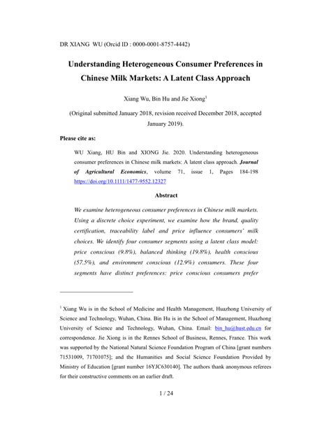 Pdf Understanding Heterogeneous Consumer Preferences In Chinese Milk Markets A Latent Class