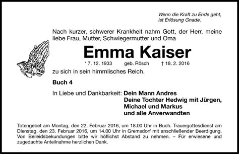 Traueranzeigen Von Emma Kaiser Trauernnde