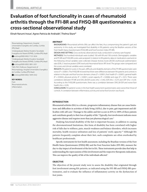 Pdf Evaluation Of Foot Functionality In Cases Of Rheumatoid Arthritis