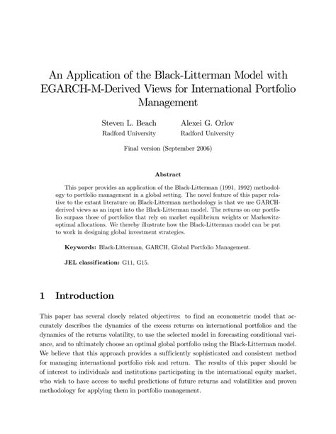 Pdf An Application Of The Blacklitterman Model With Egarch M Derived Views For International