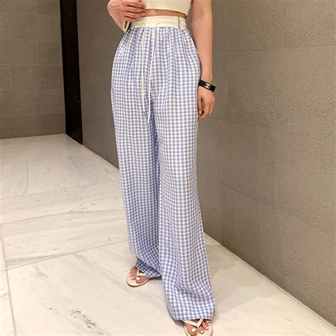 다미님 2컬러 체크 밴딩 와이드팬츠 스트링 리본 롱팬츠 일자핏 여름 청바지 빅사이즈 방송댄스 무대의상 캐주얼 빅사이즈 임부복 임산부 체크 스트릿 트레이닝 바지 조거 바지