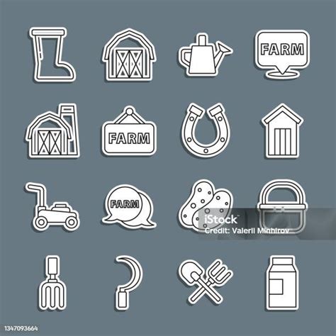 우유 바구니 나무 야외 화장실 급수 캔 텍스트 농장 집 방수 고무 부팅 및 말굽 아이콘 간판에 대한 세트 종이 패키지를 설정합니다 벡터 0명에 대한 스톡 벡터 아트 및 기타