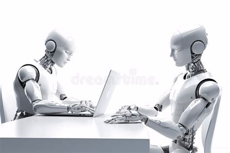 3d robot chatbots working and chatting laptops on white background