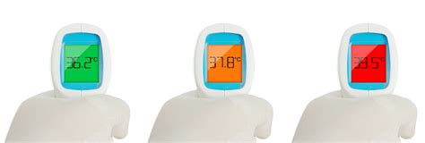 온도계 건 사이드 디스플레이 세트는 의료 용 디지털 비접촉 적외선 시력 핸드헬드 이마 판독값을 볼 수 있습니다 흰색 배경에서 격리된 온도 측정 장치 3 명에 대한 스톡 사진