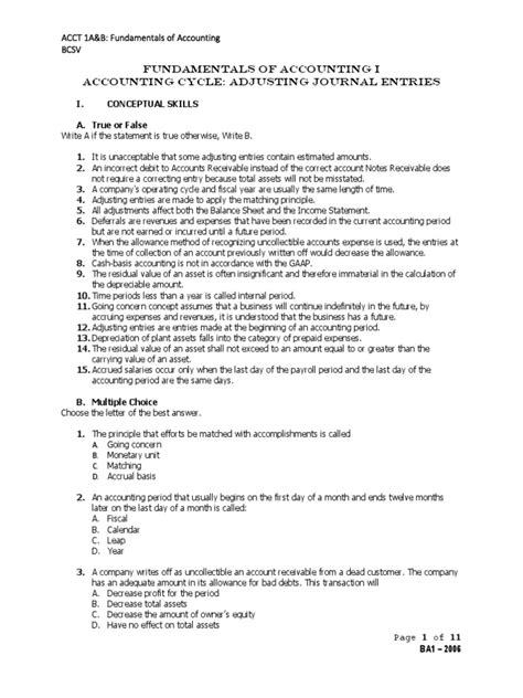 Fundamentals Of Accounting I Accounting Cycle Adjusting Journal Entries Pdf Debits And