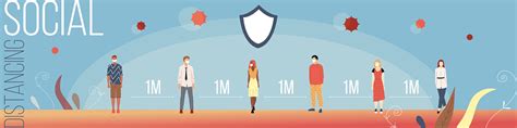 코로나바이러스 검역 및 격리 사회적 육체적 분리 개념 보호 마스크의 문자는 안전한 거리를 유지하여 두 사람의 긴밀한 접촉을 줄입니다 플랫 스타일 벡터 일러스트레이션