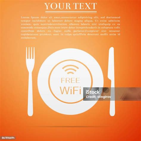 레스토랑 무료 Wifi 존입니다 접시 포크 및 칼 아이콘 오렌지 배경에 고립 평면 디자인입니다 벡터 일러스트 레이 션 0명에 대한 스톡 벡터 아트 및 기타 이미지 Istock