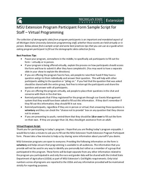 Fillable Online Msu Extension Program Participant Form Sample Script For Staff Face To Fax