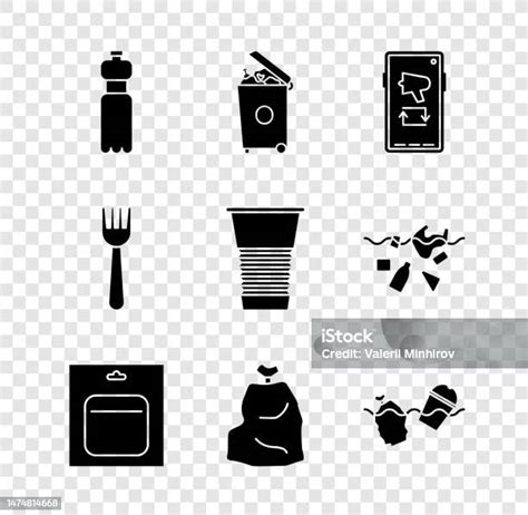 물병 쓰레기통 모바일의 확성기 팩에 배터리 쓰레기 봉투 문제 오염 바다 일회용 플라스틱 포크 및 종이 유리 아이콘을 설정합니다