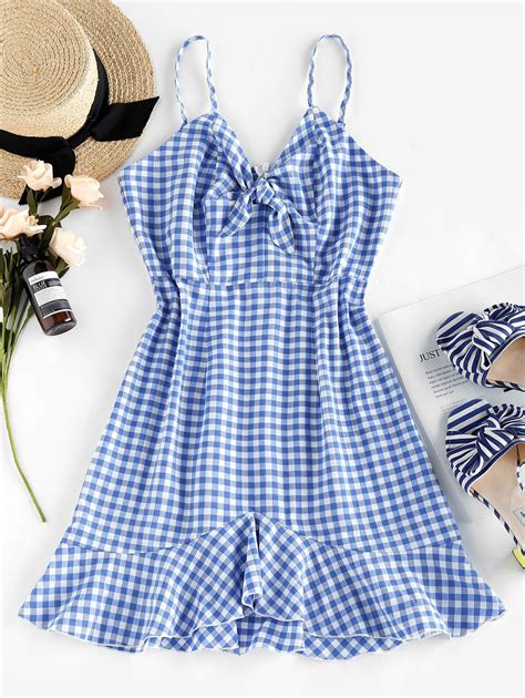 Zaful Gingham Tied Flounce Hem Cami Dress Light Sky Blue Huisdecoratie