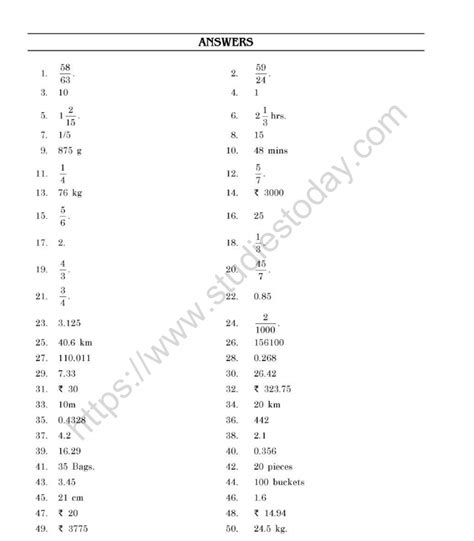 Cbse Class 7 Mental Maths Fractions And Decimals Worksheet