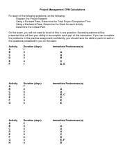 Exam 2 Project Management CPM Questions Pdf Project Management CPM Calculations For Each