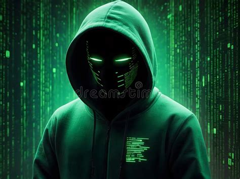 A Hacker With Green Binary Codes Stock Image Image Of Programmer Mask 300615383