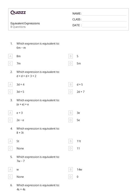 50 Equivalent Expressions Worksheets On Quizizz Free Printable