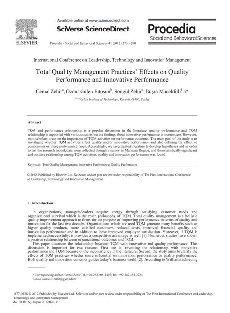 Pdf Total Quality Management Practices Effects On Quality Performance And Innovative Performance